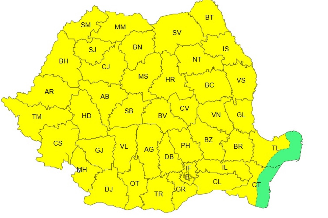 România sub Cod Galben de ploi torențiale, vijelii și grindină