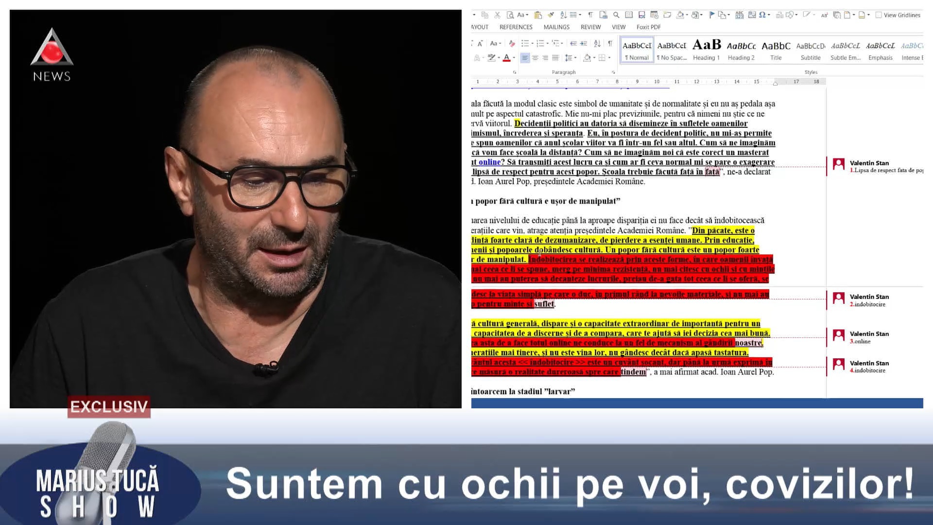 Video. Exclusiv la Marius Tucă Show, Valentin Stan despre punctul de ...
